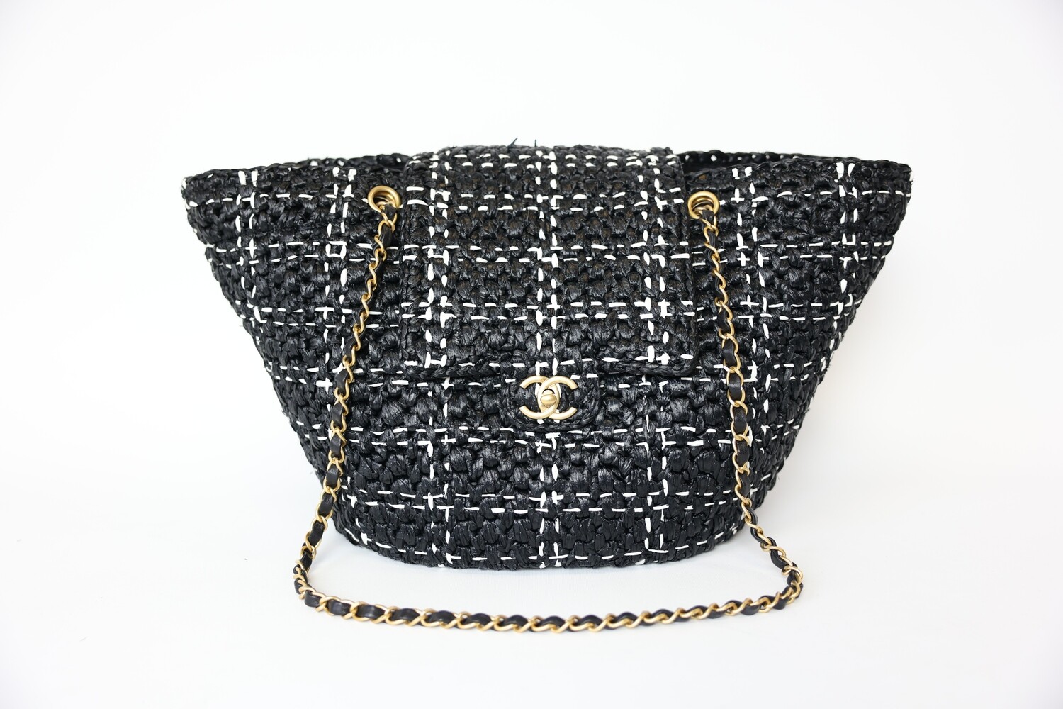 Chanel Raffia Tote, Black And White With Gold Hardware, New In Dustbag ...