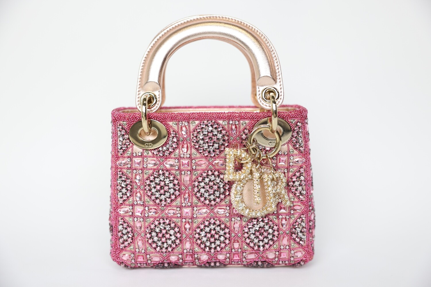 Christian Dior Lady Dior Mini Pink Beaded Leather With Gold Hardware Preowned In Box Wa001
