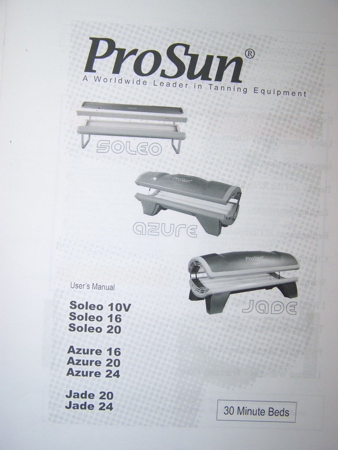 ProSun Tanning Bed Manual Jade Azure Soleo PRINTED Manual Pro Sun ProSun Tanning Bed Manual Jade Azure Soleo PRINTED Manual Pro Sun