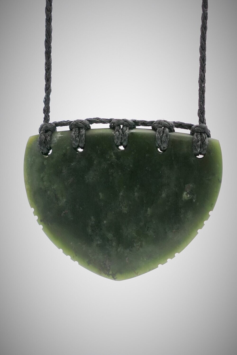 Moko Pounamu Notched Breastplate NZ Genuine Kawakawa Greenstone - Taipōrutu