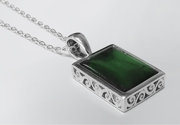 Moko Pounamu Greenstone and Silver Double Koru Filigree Rectangle ...