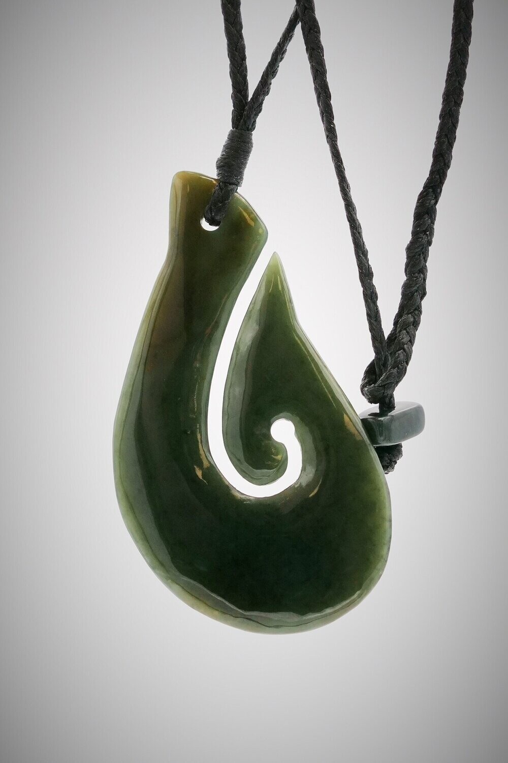 Moko Pounamu Hook (Hei Matau) NZ Genuine Kawakawa Greenstone - Waitetoko