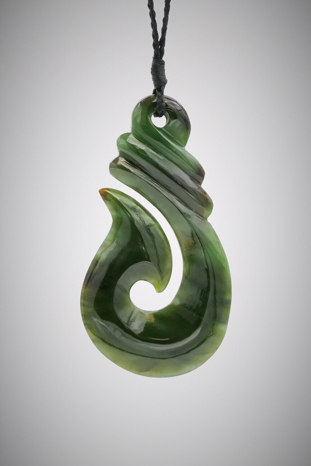 Moko Pounamu Hei Matau (Fishhook) NZ Genuine Kawakawa Greenstone - Whakatu