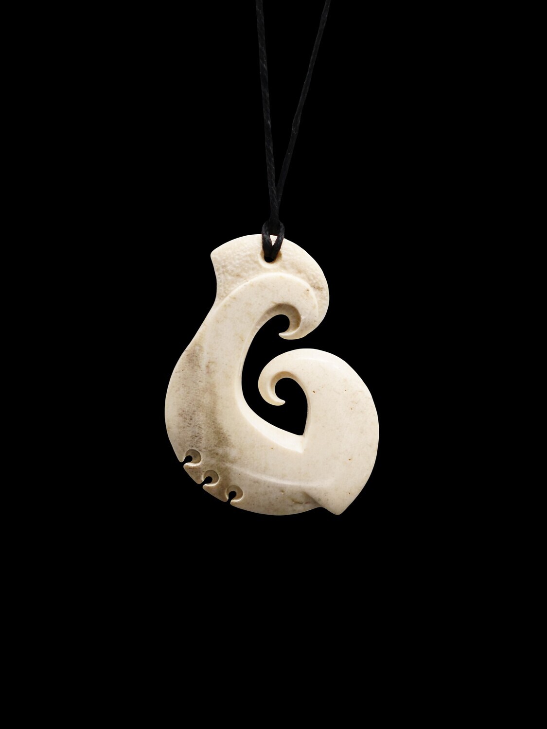 Moko Pounamu, Hei Matau (Hook) Whale Bone Carving - Totora