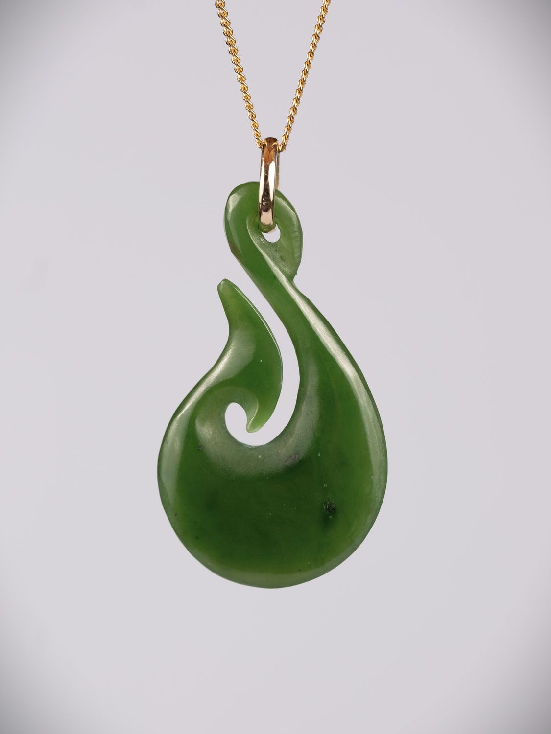 Moko Pounamu Hei Matau Hook NZ Genuine Kahurangi Greenstone and 9ct Gold Pendant Kawarau