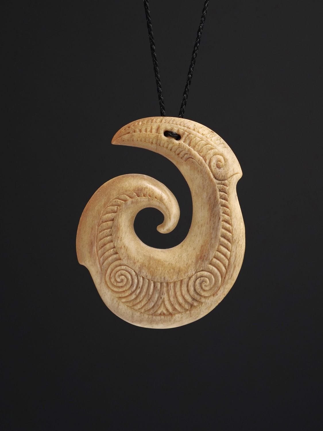 Moko Pounamu, Hei Matau Koru Genuine Whale Bone Carving - Tokanui