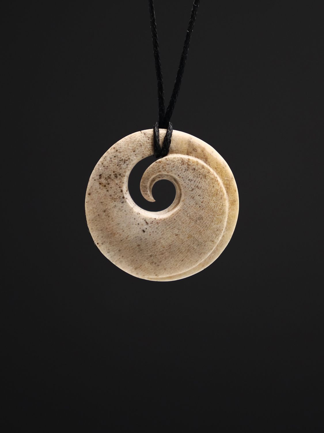 Moko Pounamu, Koru Whale Bone Carving - Akatore