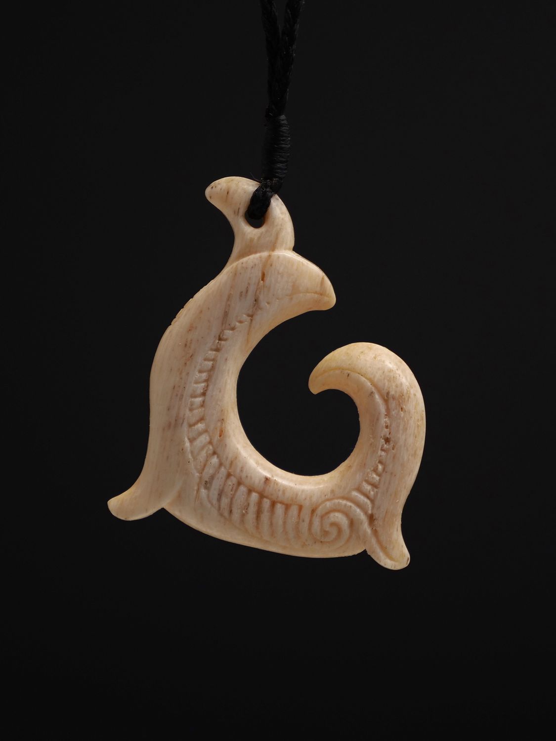 Moko Pounamu Hei Matau Genuine Whale Bone Carving - Akarua