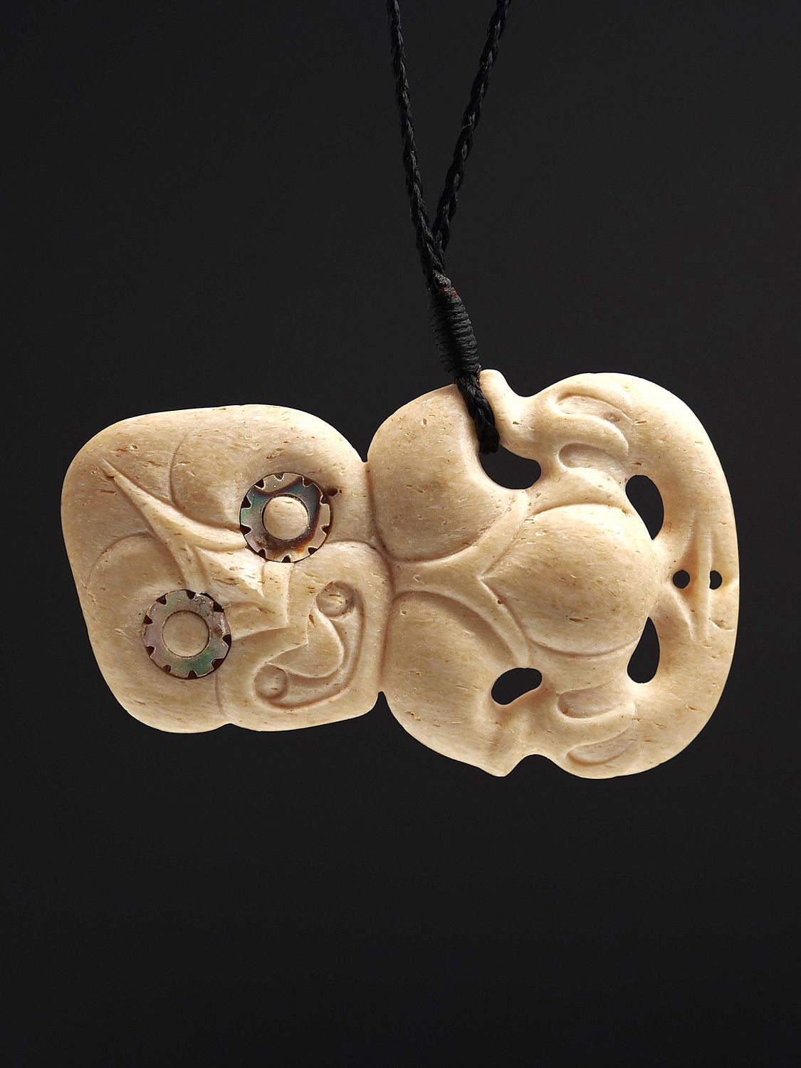 Moko Pounamu Hei Tiki Genuine Whale Bone Carving - Okaramio