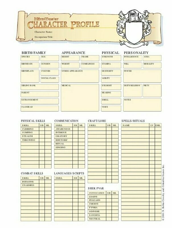 Harnmaster Character Profile Sheets