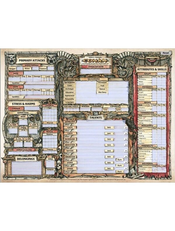 Conan Adventures In An Age Undreamed Of RPG Character Sheet Pad