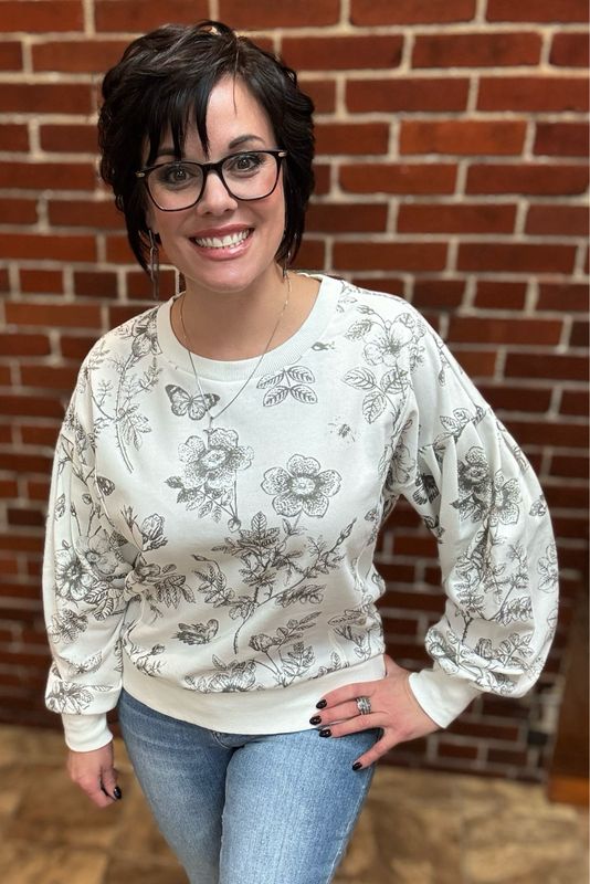 Ivory & Charcoal Spring Floral Pullover