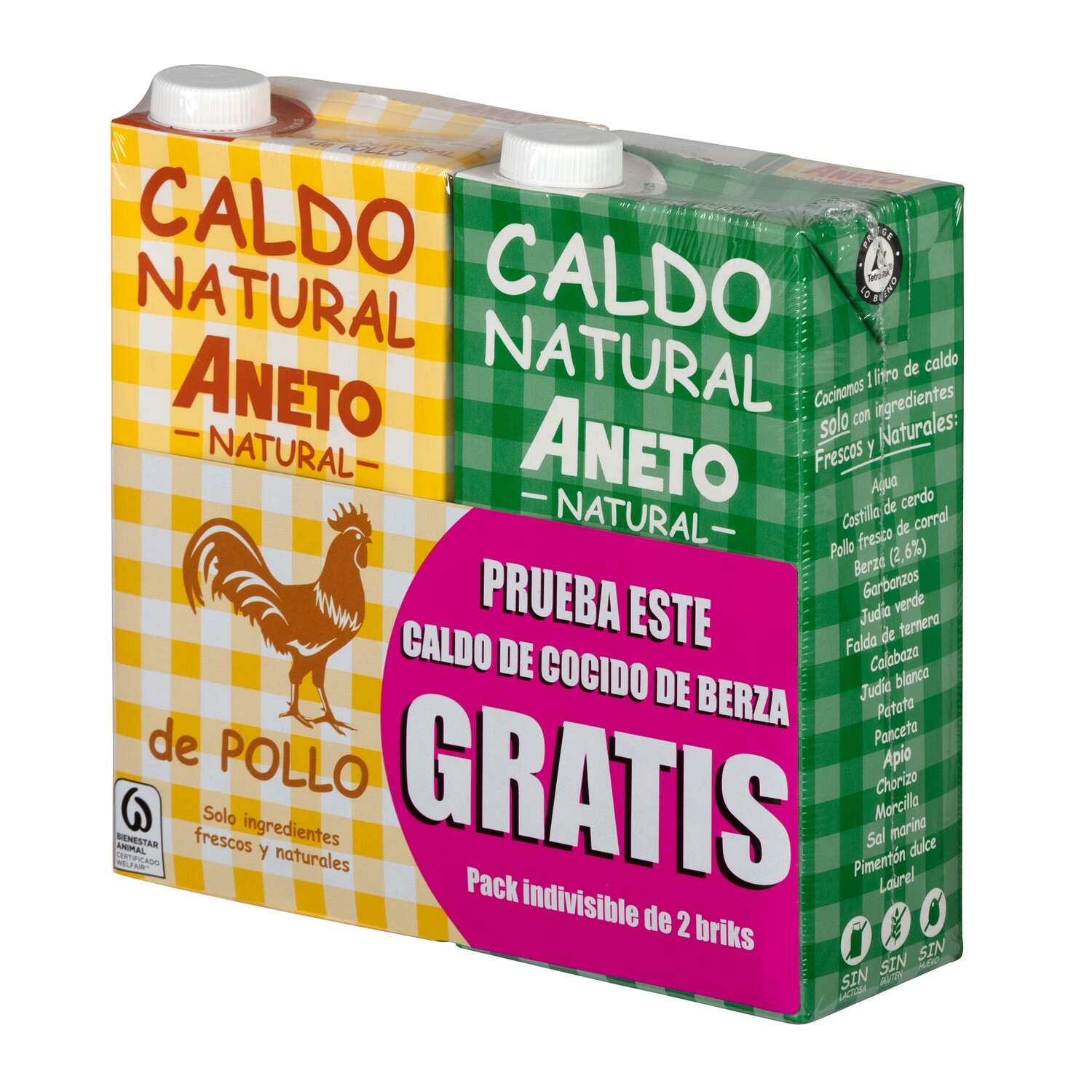 Caldo natural de pollo ANETO 1 lt + 1 lt gratis de berza
