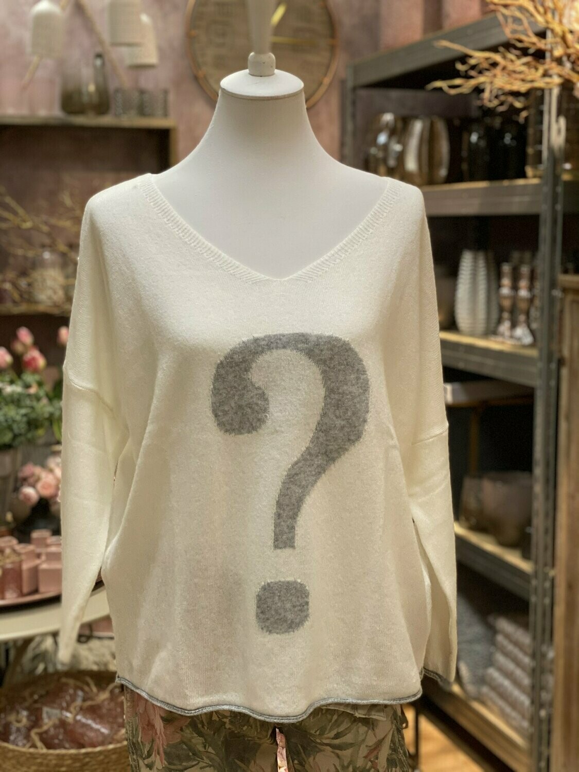 Feinstrick Pulli - Fragezeichen Design - beige-creme