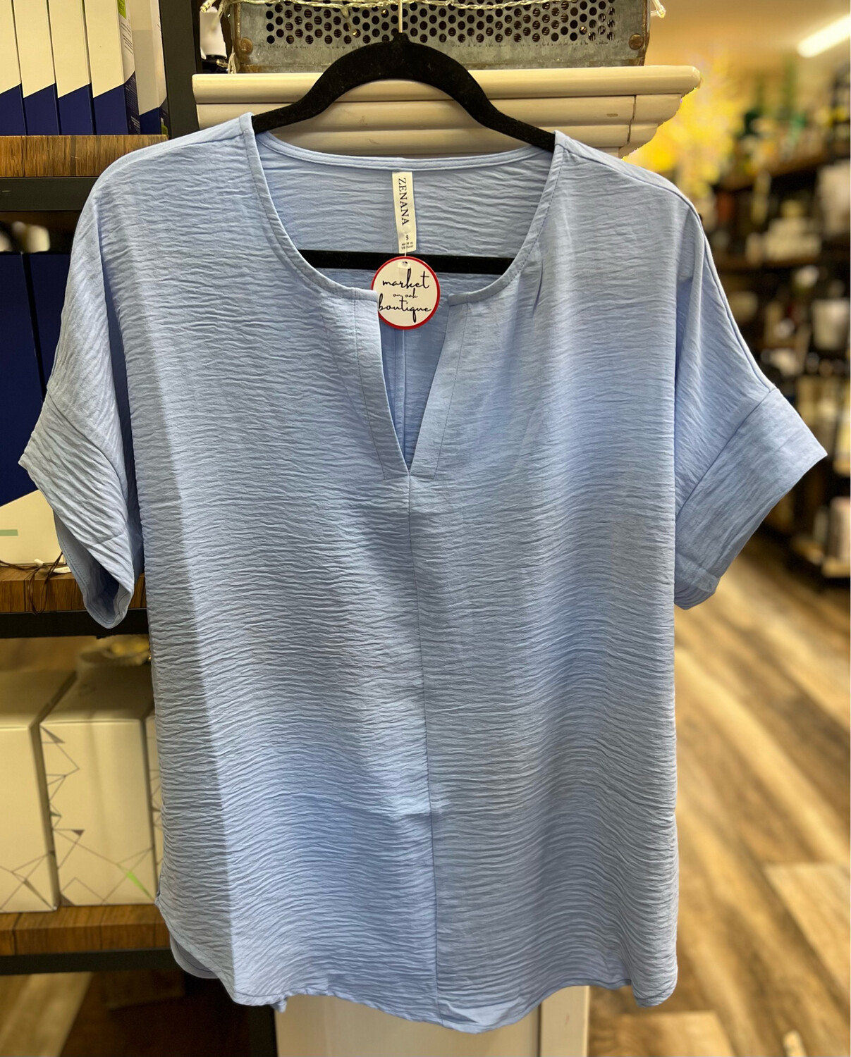 Split Collar Top-Blue