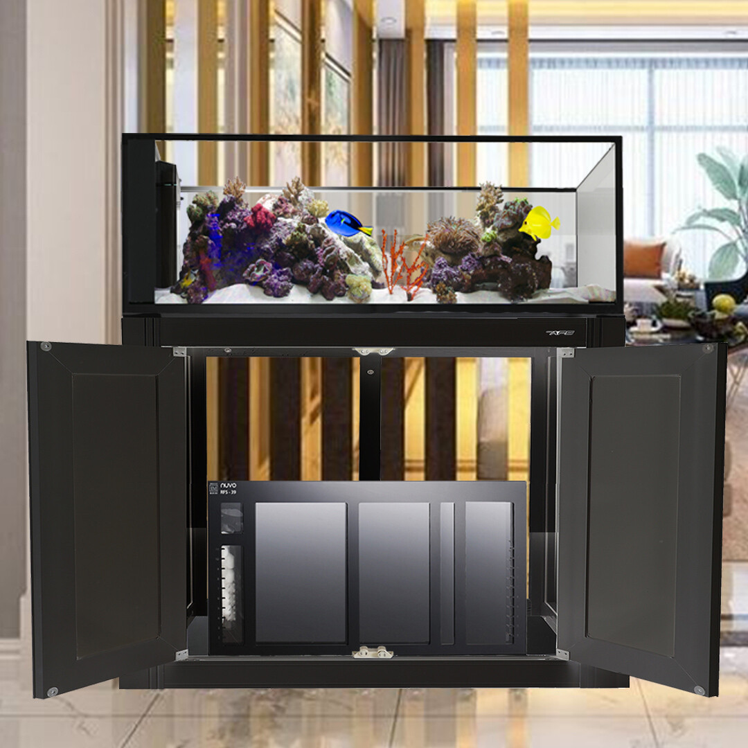 NUVO INT 100 Gallon Peninsula Aquarium + Black APS Stand + RFS39 Reef ...
