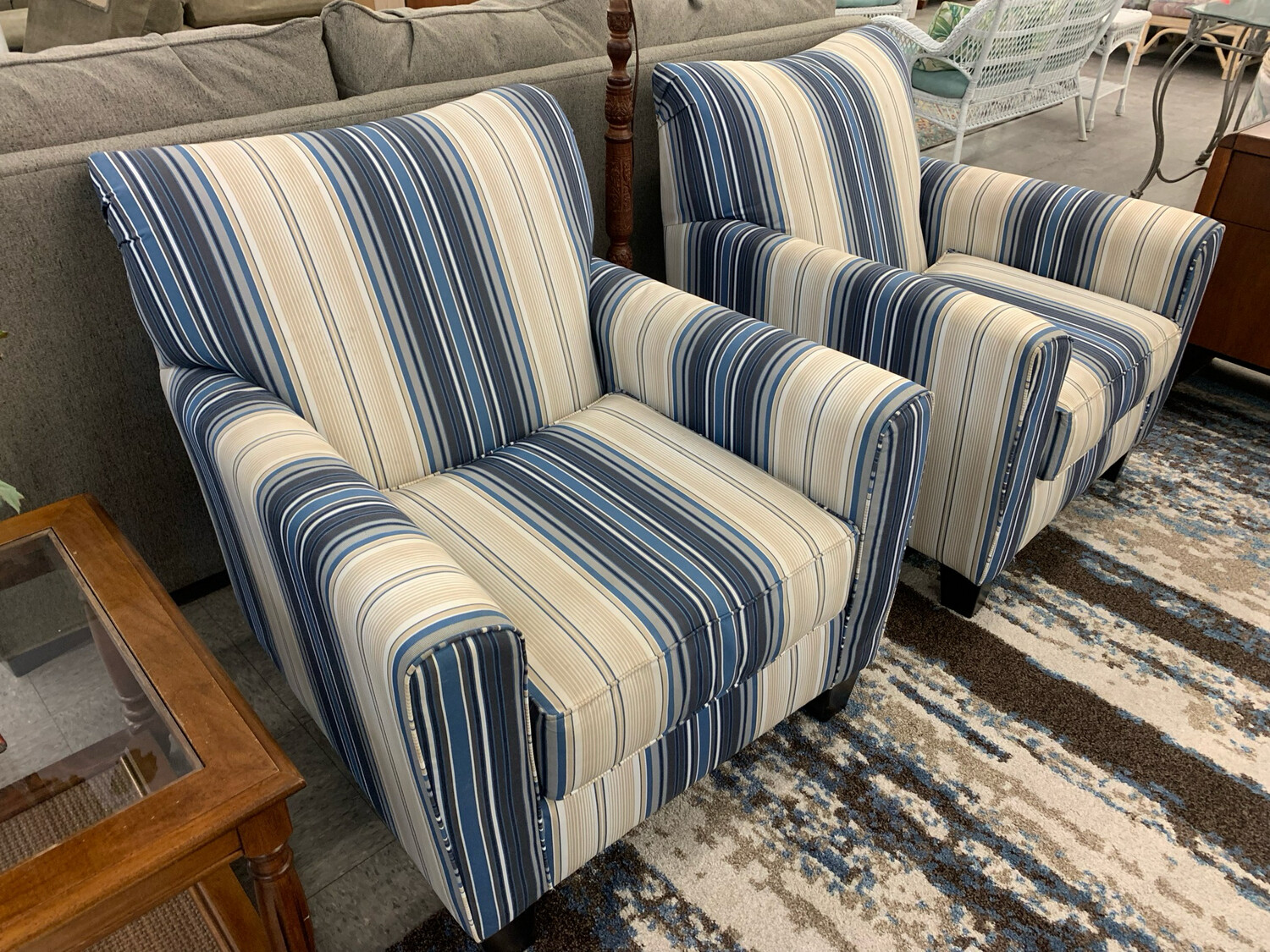 Custom Upholstered Blue Stripe Accent Chair Pair