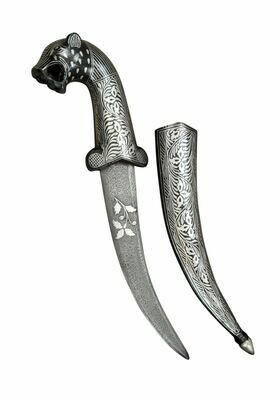 Small Damascus and Koftgari Inlay Indian Dagger with Tiger Head Pommel ...