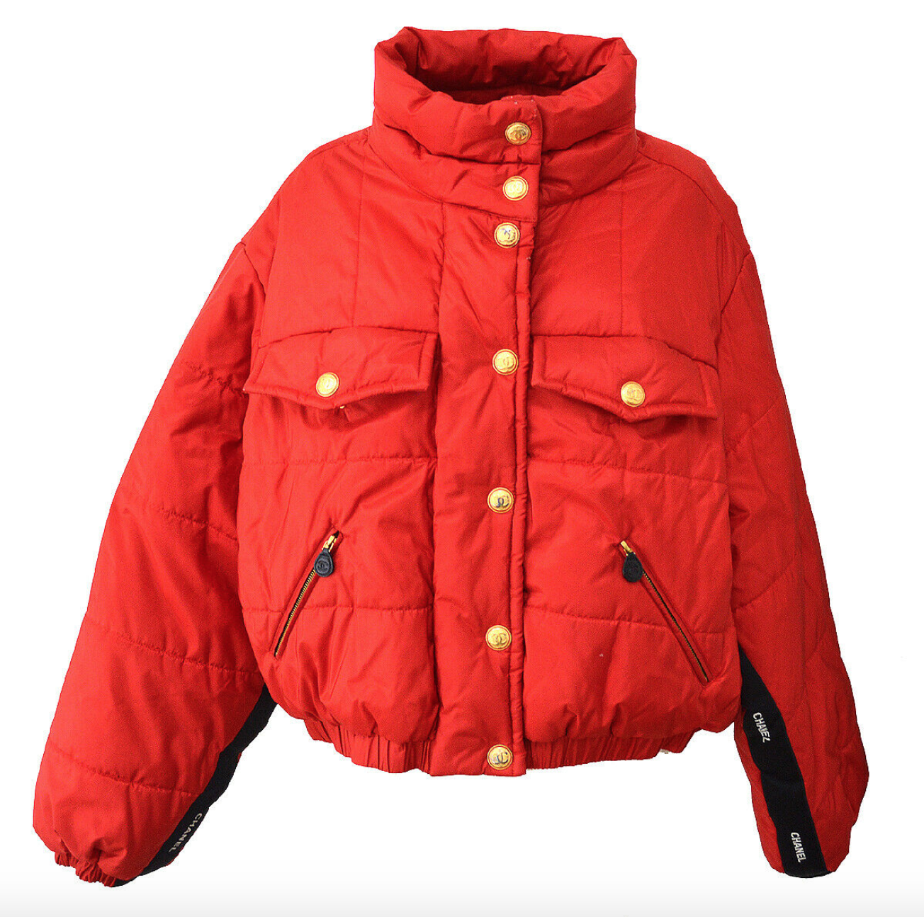 CHANEL CC LOGO RED QUILTED SILK LOGO RIBBON PUFFER SKI CHANEL CC LOGO RED QUILTED SILK LOGO RIBBON PUFFER SKI