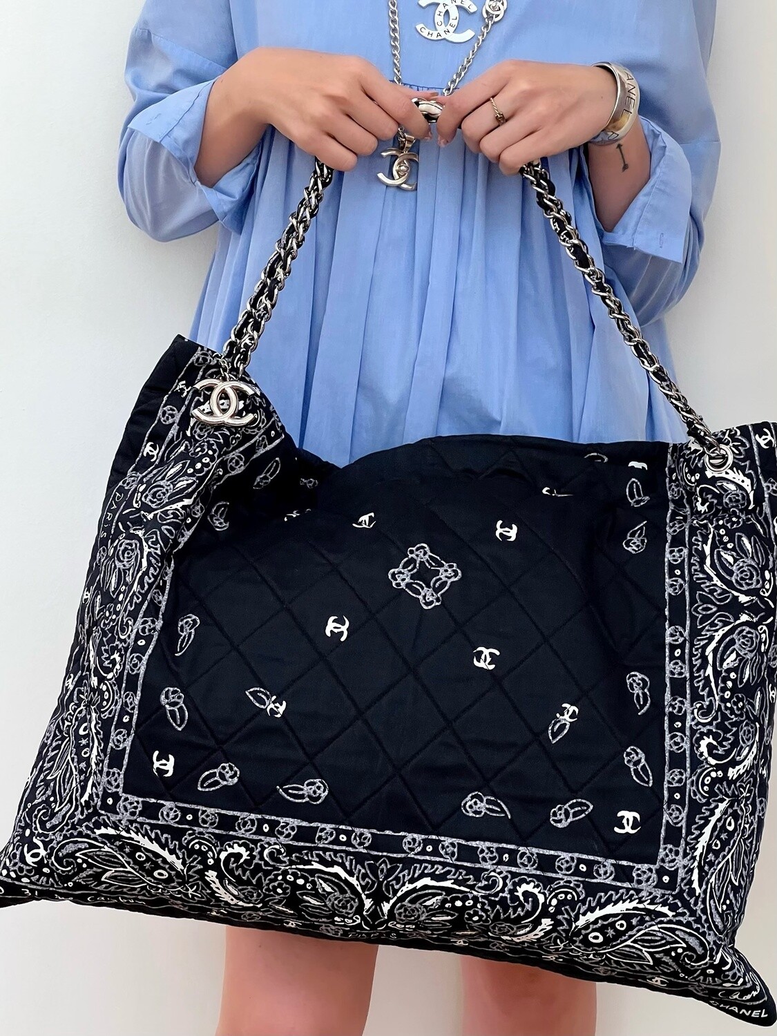 CHANEL BANDANA PRINT XL TOTE WITH CC LOGOS AND CHARM