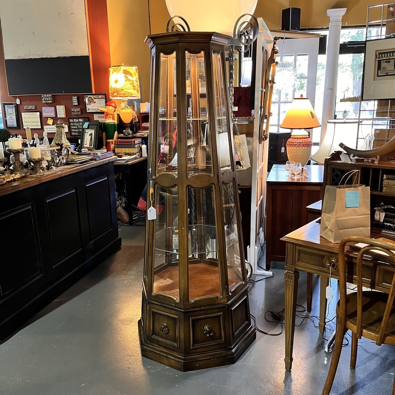 Octagonal Curio Cabinet with Key and Closed Storage Below