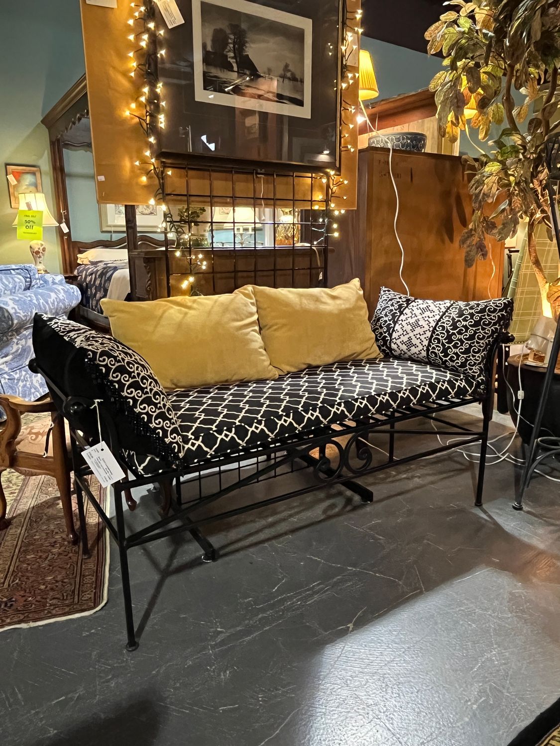 Wrought Iron Bench with Five Cushions