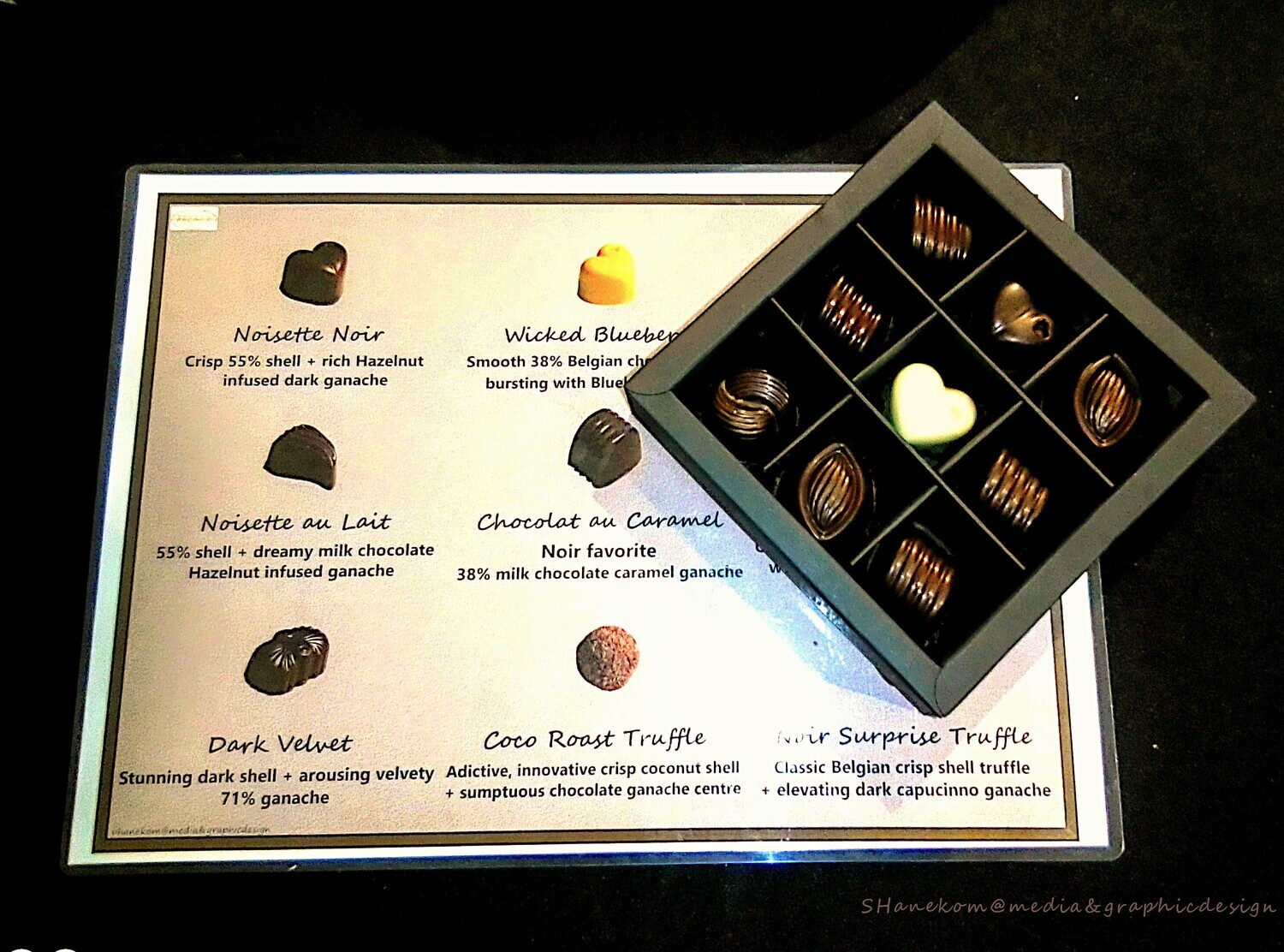 Noir Chocolates SA glamorous black 9 chocolates box. Minimum order 5 units