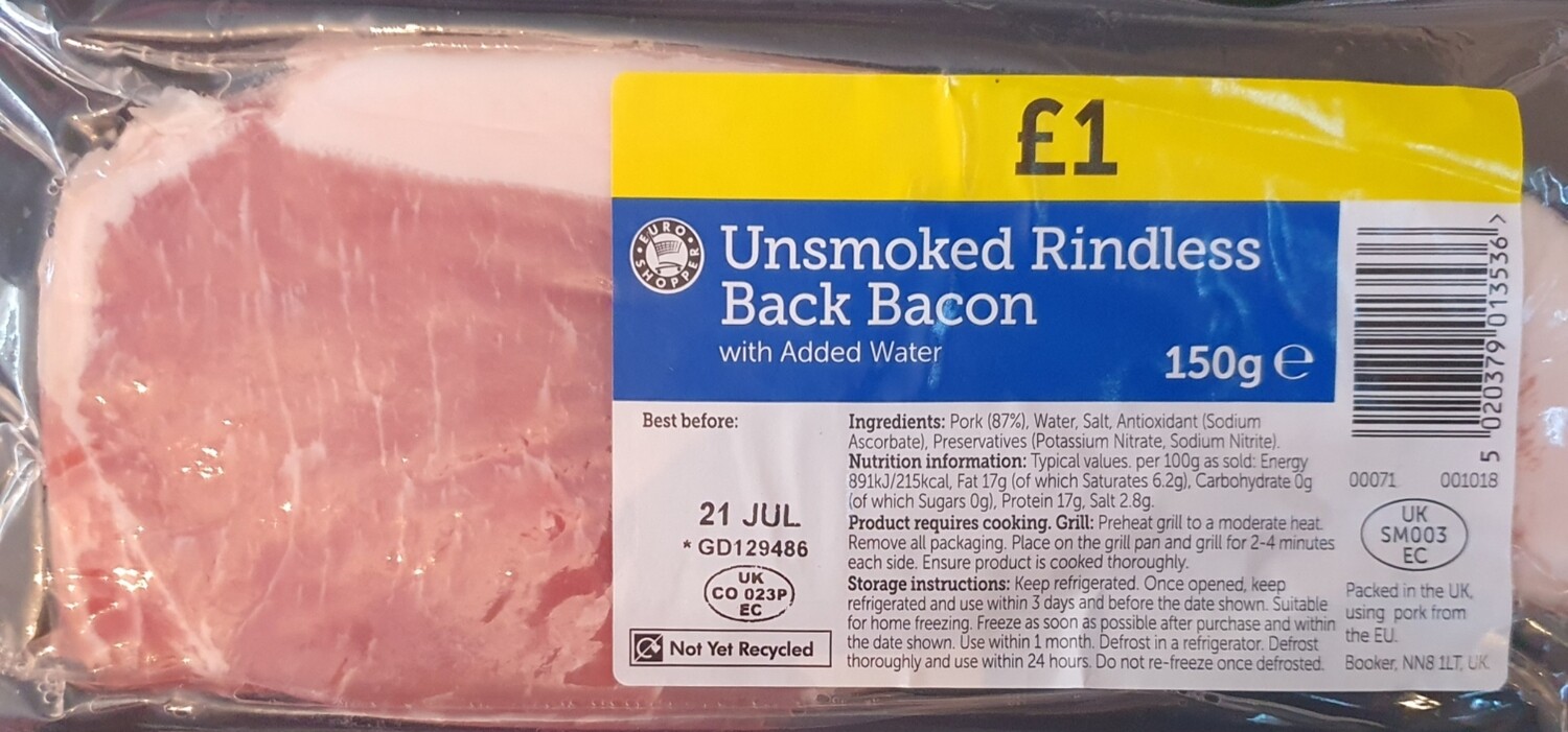 Unsmoked bacon rasher 150g