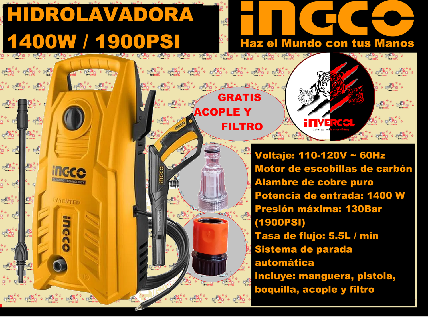 HIDROLAVADORA INGCO 1900PSI 1400WATTS