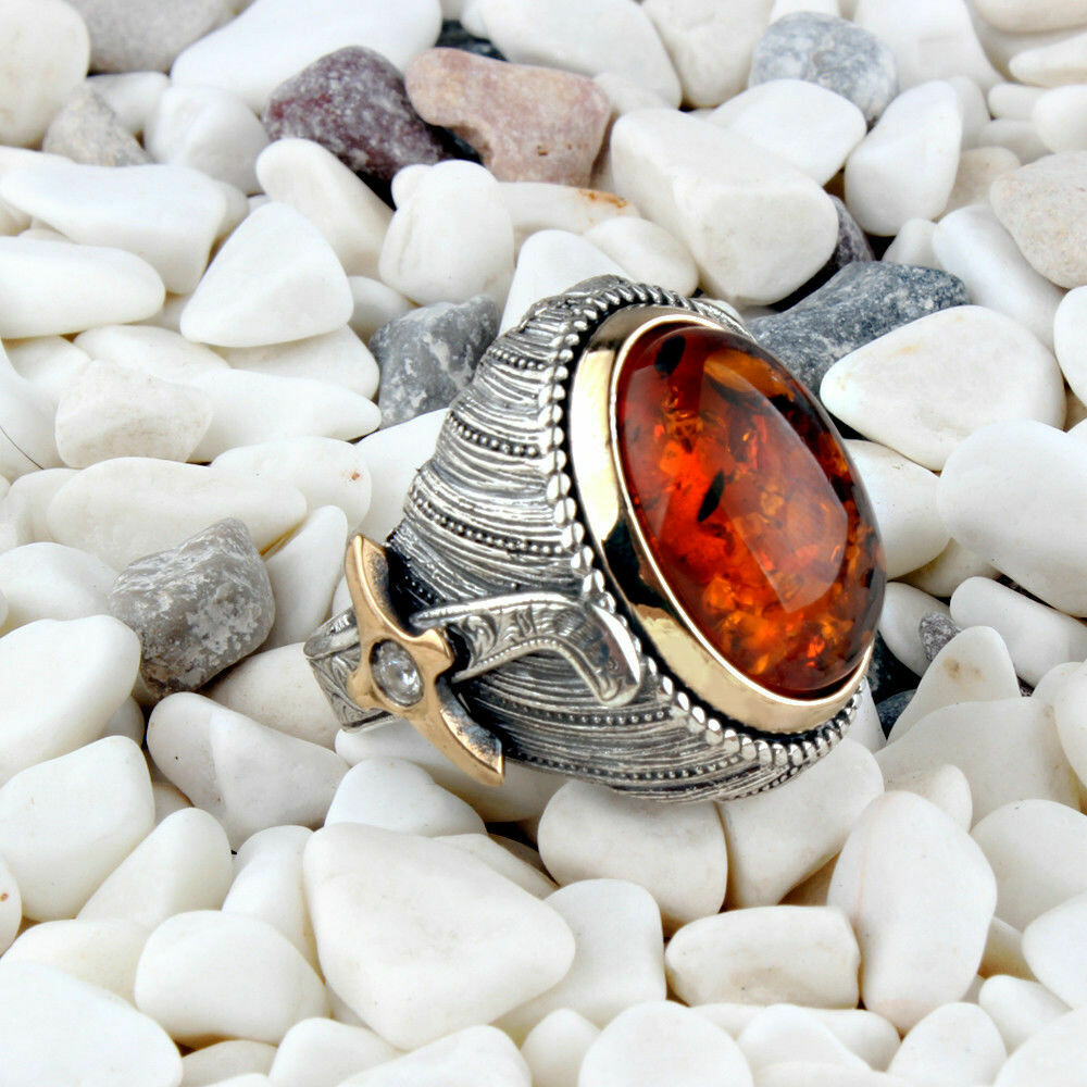 Hand Made Silver Ring with red amber Stone
