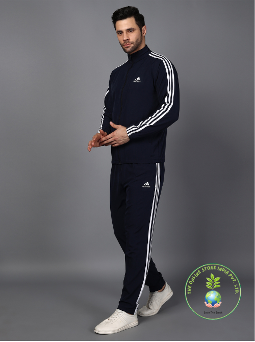 ADIDAS Striped Men Blac Track Suit (Jacket & Track Pant