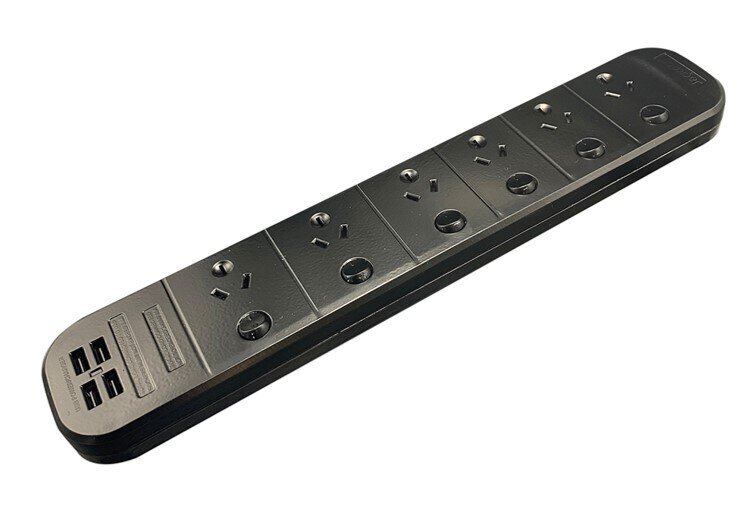 POWERBOARD JACKSON INDUSTRIES 6 OUTLET USB SWITCHED FAST CHARGING BLACK