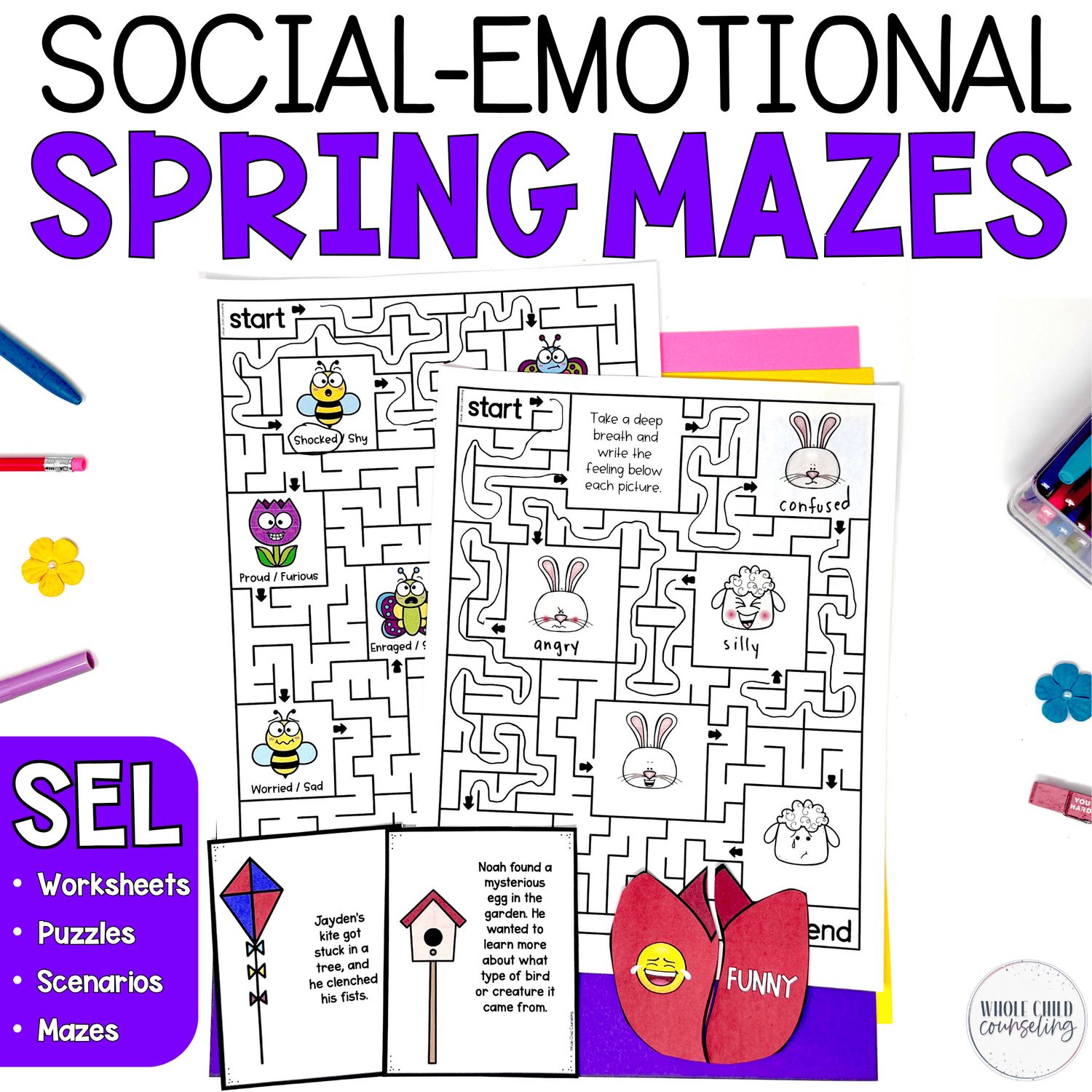 Spring SEL Affirmations and Feelings Mazes and No-Prep Worksheets
