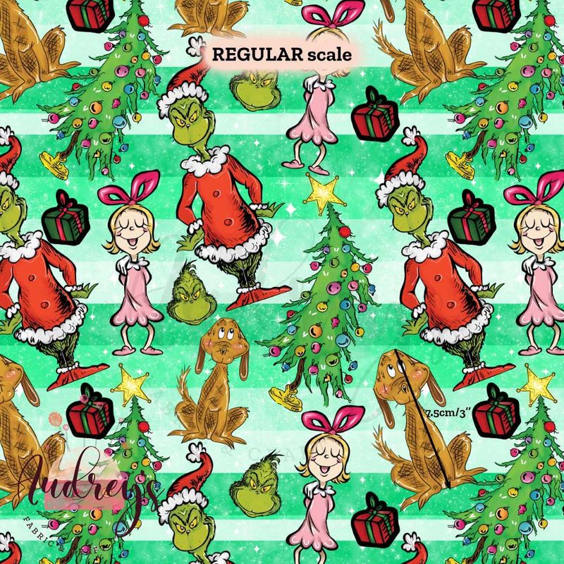 The Grinch, Stripes | PRE-ORDER Digitally Printed Fabric | 27 Fabric Bases
