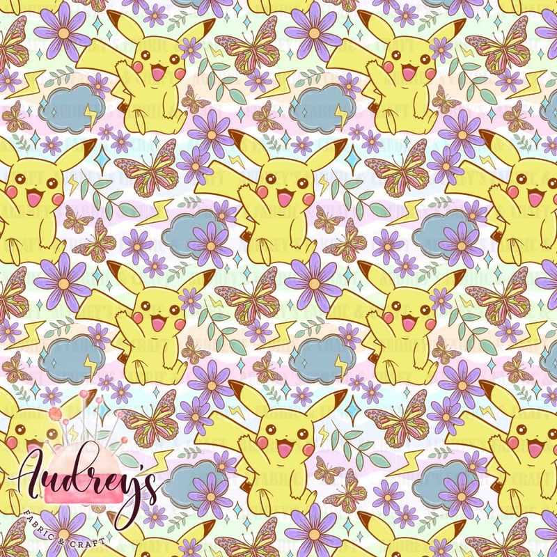 Pikachu, Floral Pastel Waves | PRE-ORDER Digitally Printed Fabric | 27 ...