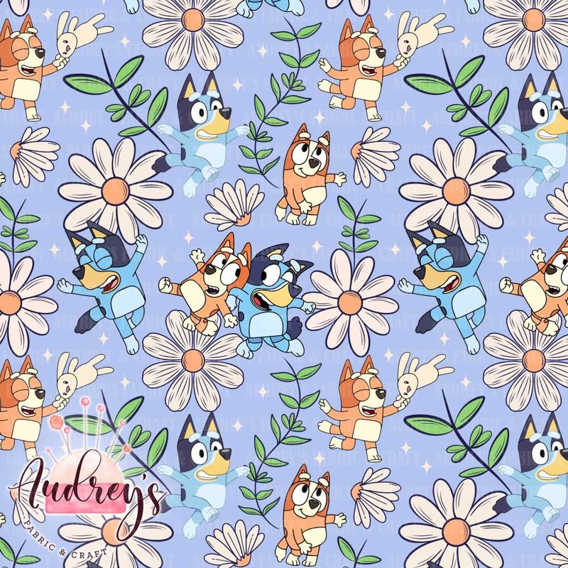 Bluey Daisies on Blue | Digital-Print Custom Cotton Woven | 145cm wide
