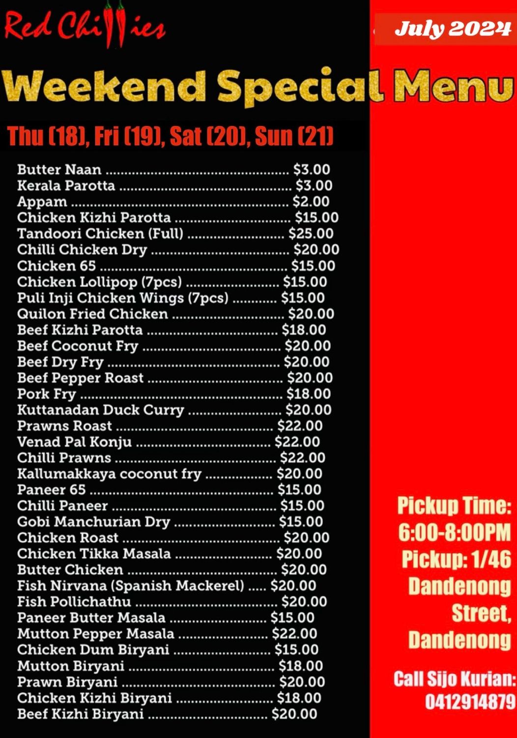 Weekend Special Menu