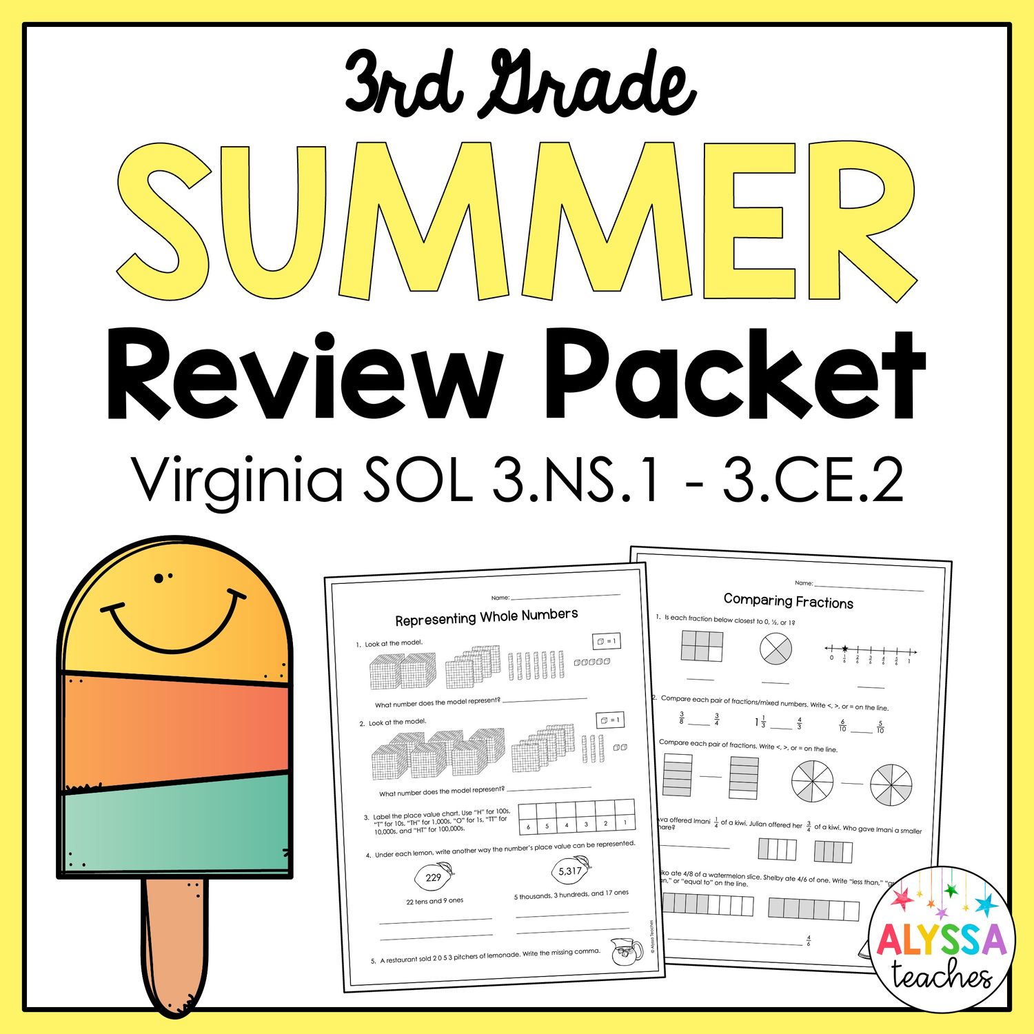 3rd Grade Summer Math SOL Review Packet (SOL 3.NS.1 - SOL 3.CE.2)