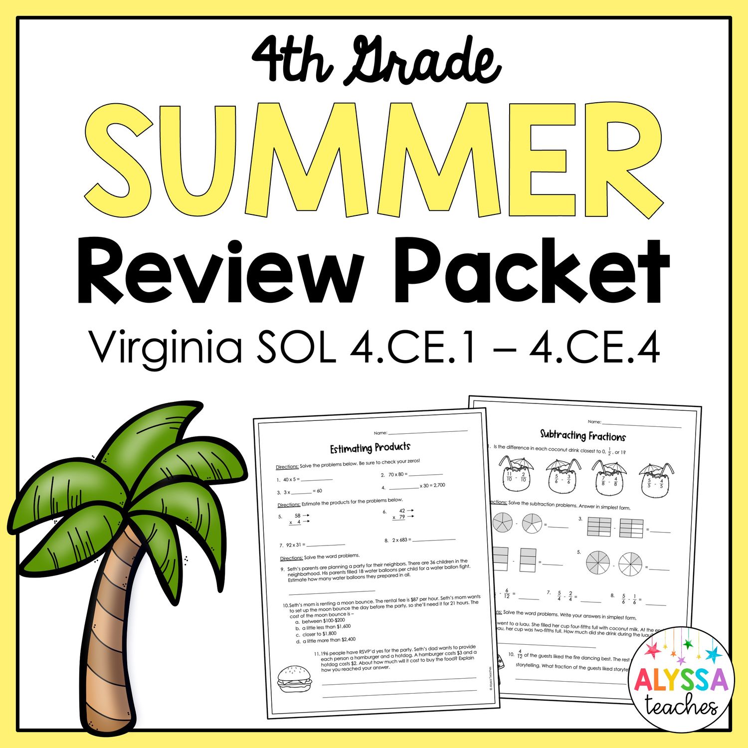 4th Grade Summer Math SOL Review Packet (SOL 4.CE.1 - 4.CE.4)