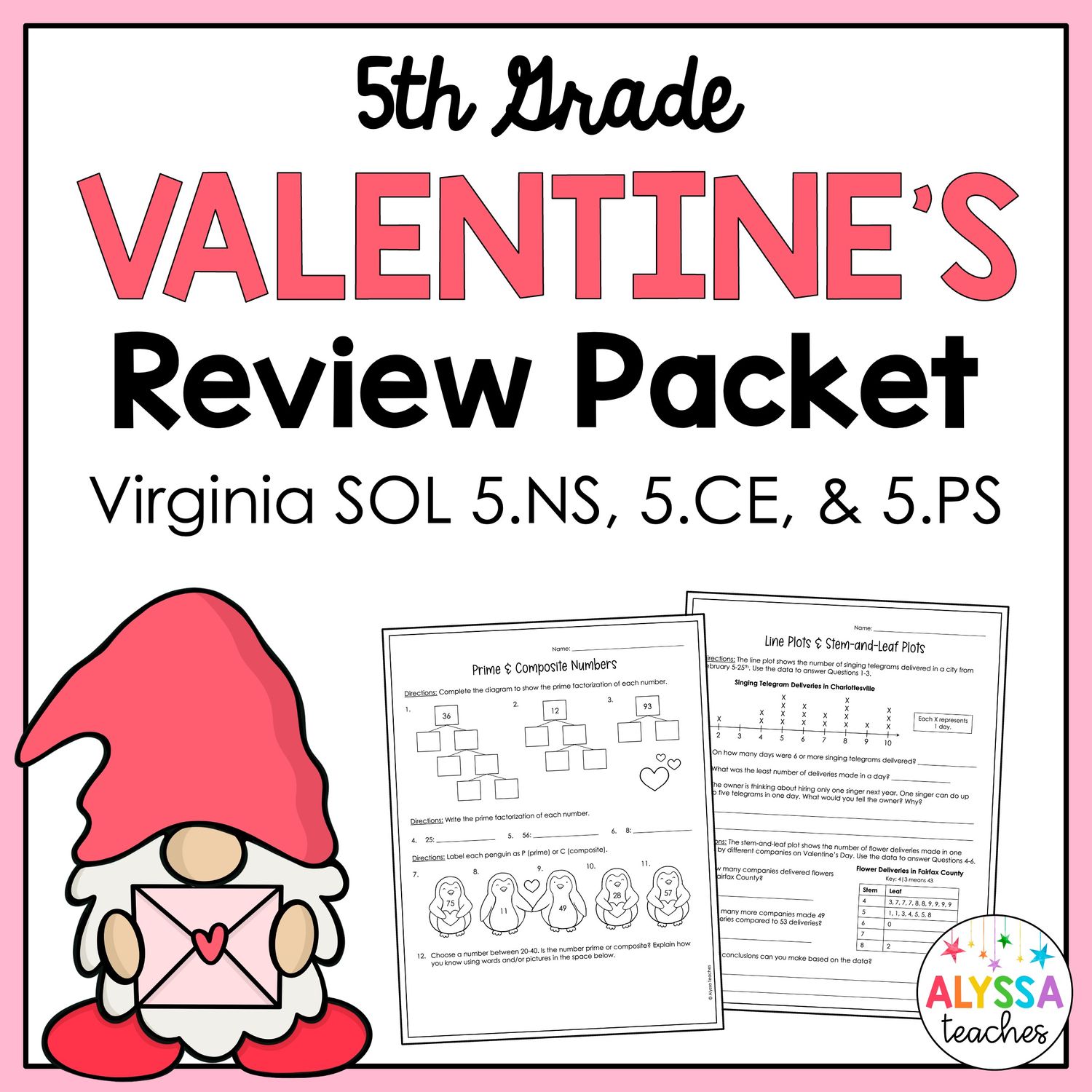 5th Grade Valentine's Math SOL Review Packet (SOL 5.NS, 5.CE, 5.PS)