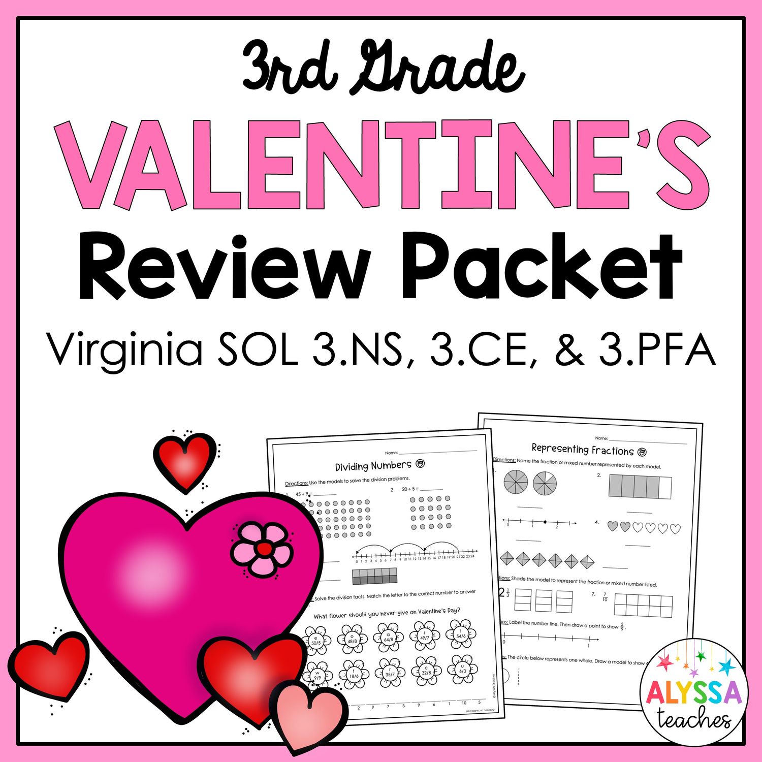 3rd Grade Valentine's Math SOL Review Packet (SOL 3.NS, 3.CE, 3.PFA)