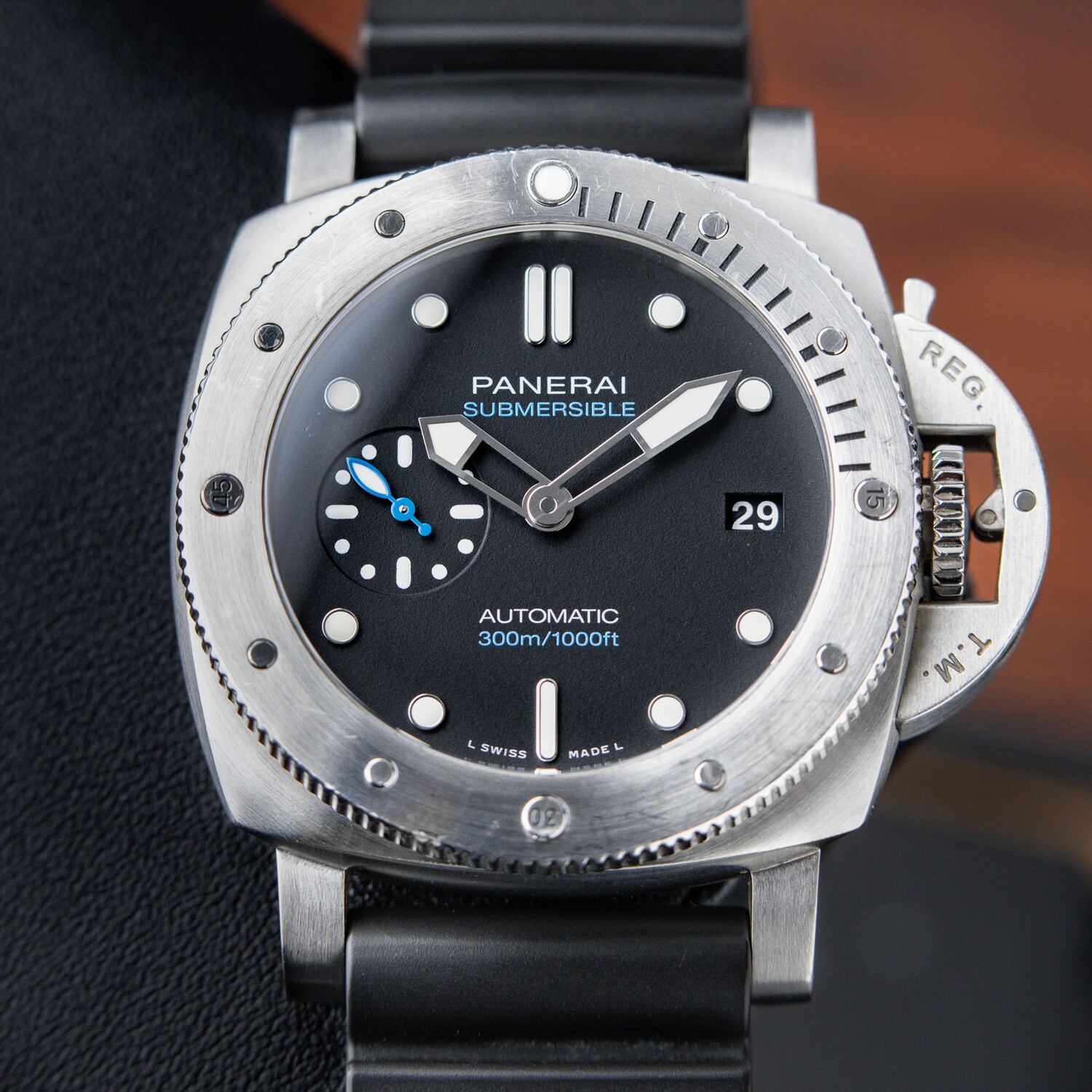 Panerai Luminor Submersible Black Dial Steel Diver Rubber Strap Pam973