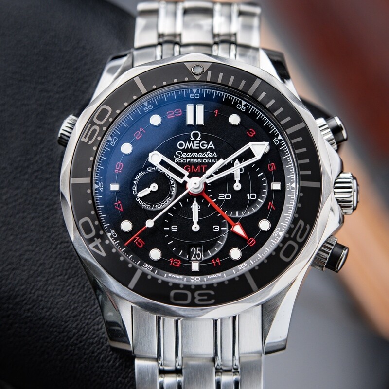 Omega Seamaster Diver 300 M GMT Chronograph Black Red Steel Bracelet