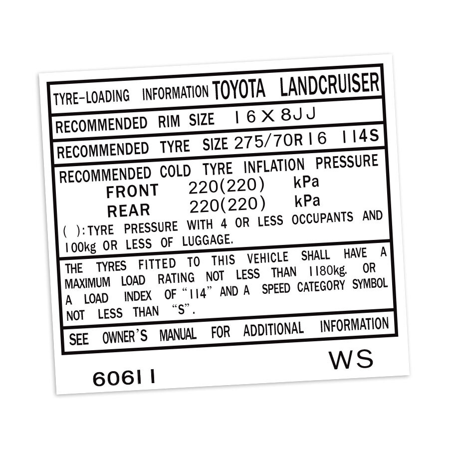 TYRE INFORMATION PLACARD DECAL : 80-SERIES LAND CRUISER