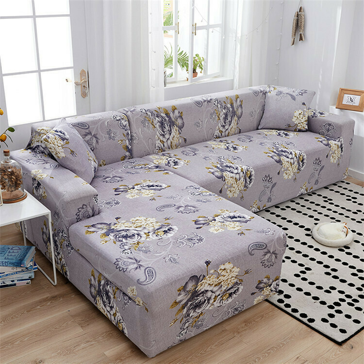Grey Floral Print Sofa Set Cover