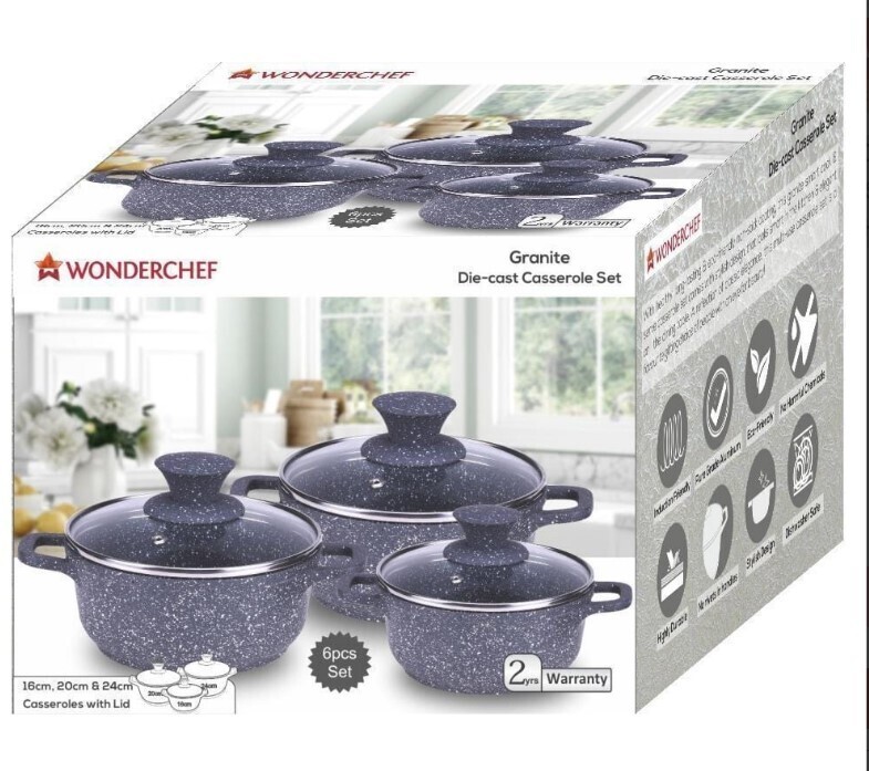 Wonderchef Granite Non-stick Casserole Set, 6Pc (16cm, 20cm, 24cm ...