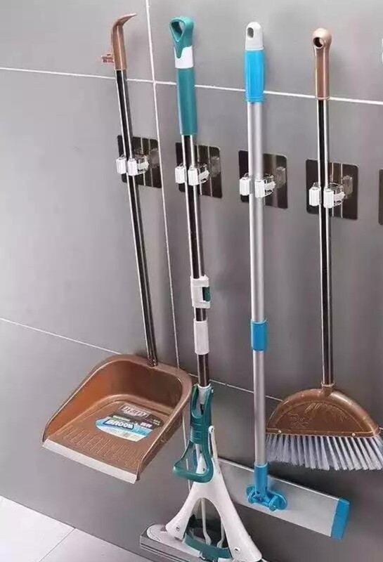 4-Pack Broom & Mop Holder Set with Wall-Mount Adhesive Efficient ...