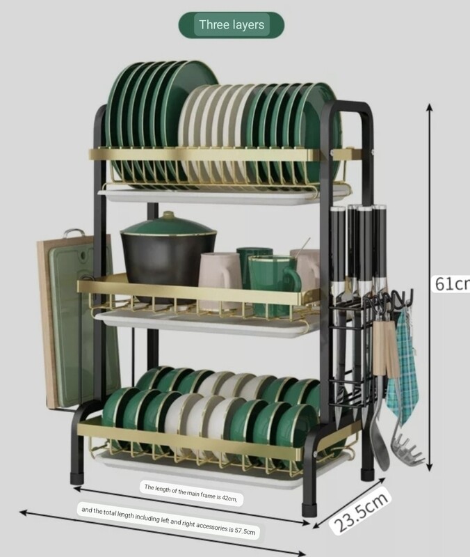 Heavy carbon steel Three tier metallic dish rack with cutlery holder