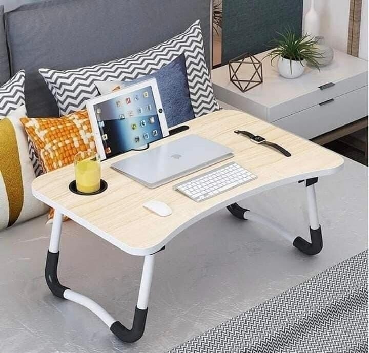 Multipurpose foldable portable laptop desk with cup slot tablet slot. Ivory