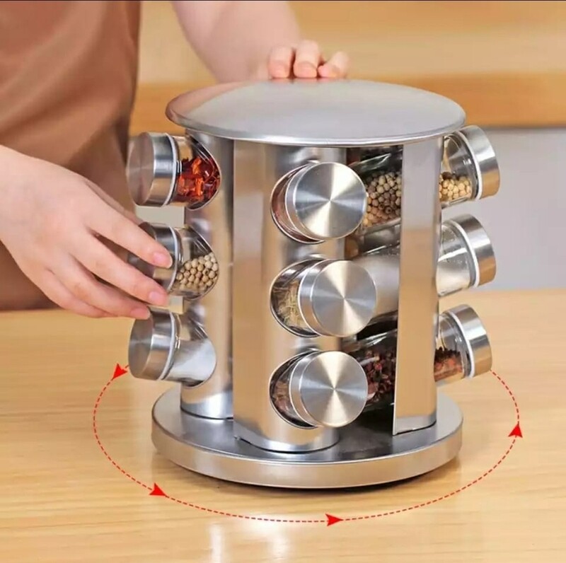Stainless Steel Revolving Spice Rack Organizer (12pcs Spice Jar Set)
